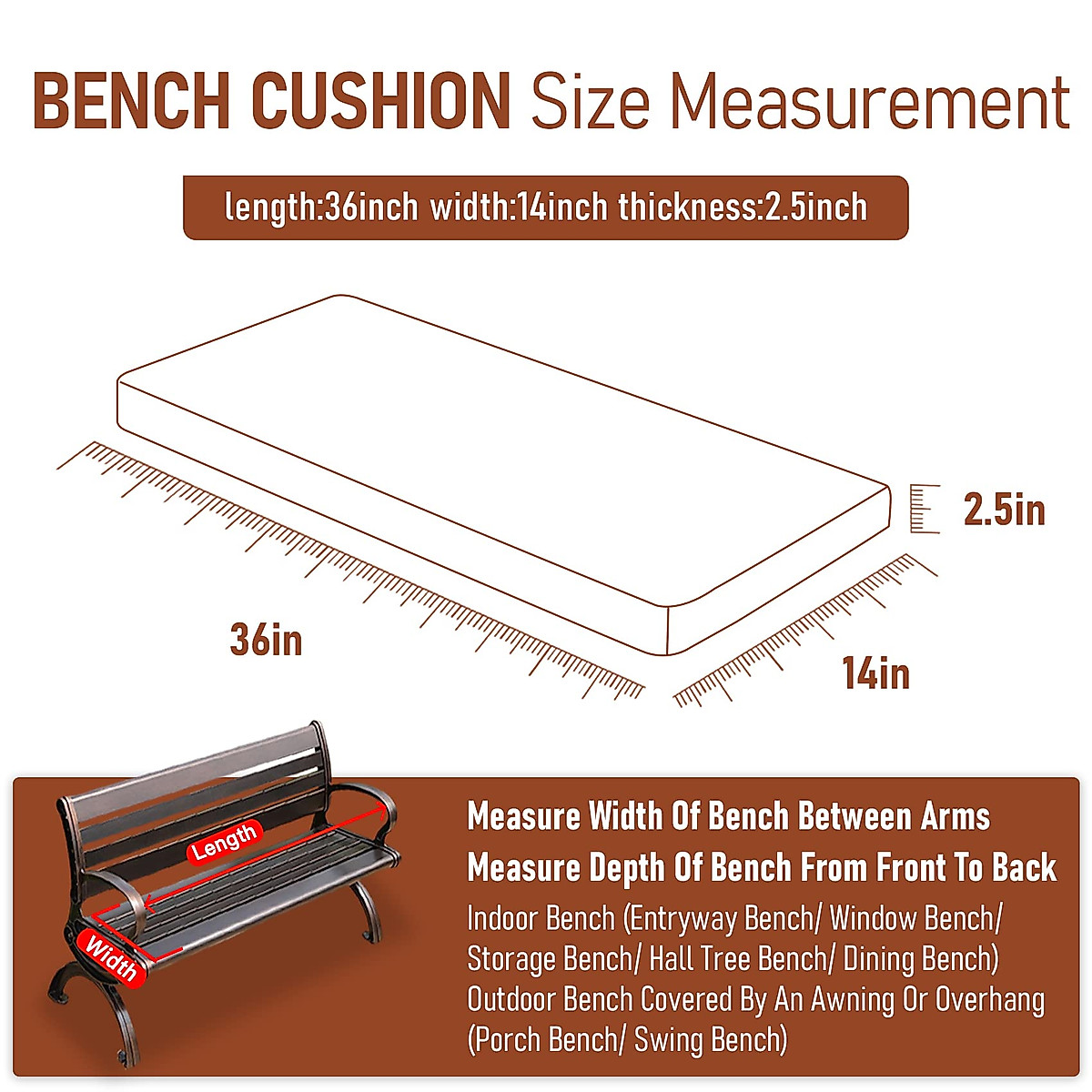 Focuprodu Bench Cushion 36 inch, Patio Furniture Cushions, Personalized custom non-slip durable window cushions chair cushions. (36x14x2.5, Light Gray)