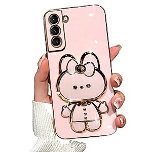 for Samsung Galaxy A14 Case for Women Girls,6D Cute Hidden Rabbit Bunny Stand Design,Luxury Plating Glitter Girly Soft Silicone Makeup Mirror Phone Case with Camera Cover for Samsung A14 5G (Pink)