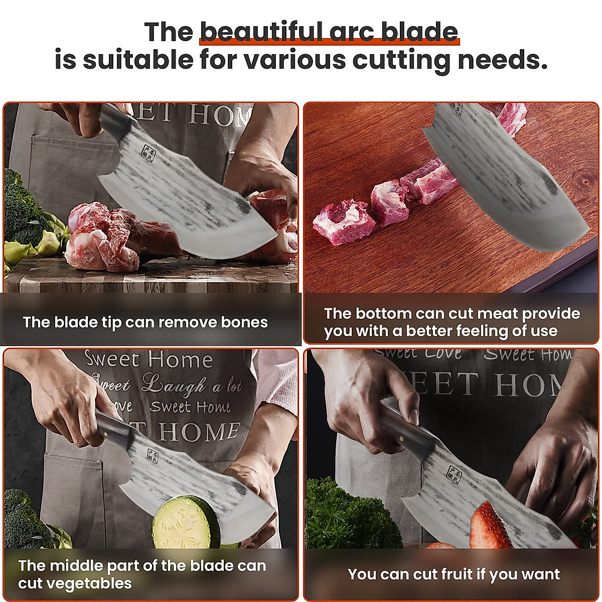 Chinese-Husa Hand-Forged Cleaver Butcher Chef-Knife - High Carbon Stainless Steel HRC62 - Knife for Pro Chef, Home, Restaurant, Outdoors