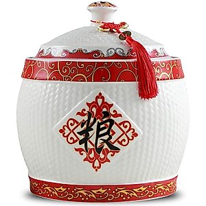 Classic Food Dispensers Ceramic Rice Bucket with Tassel Design, Household Rice Storage Box with Lid, Chinese Sealed Large-Capacity Rice Pot, 4-12.5KG141-441 OZ