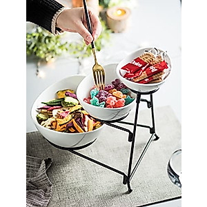 Miamolo Triple Ceramic Serving Bowl Set with Stand - White Serving Tiered Stand,Set of 3 Oval Bowl Set Perfect for Table Decoration Set Party Chip Rack Display Salad Bar Serving Set - Black Stand