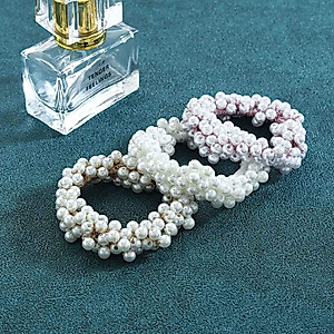 Unicra Pearl Hair Ties Beaded Fashion Elastic Hair Scrunchies Set Fancy Pearls Decorative Ponytail Holder Hair Accessories for Women and Girls 3PCS (Pearl)