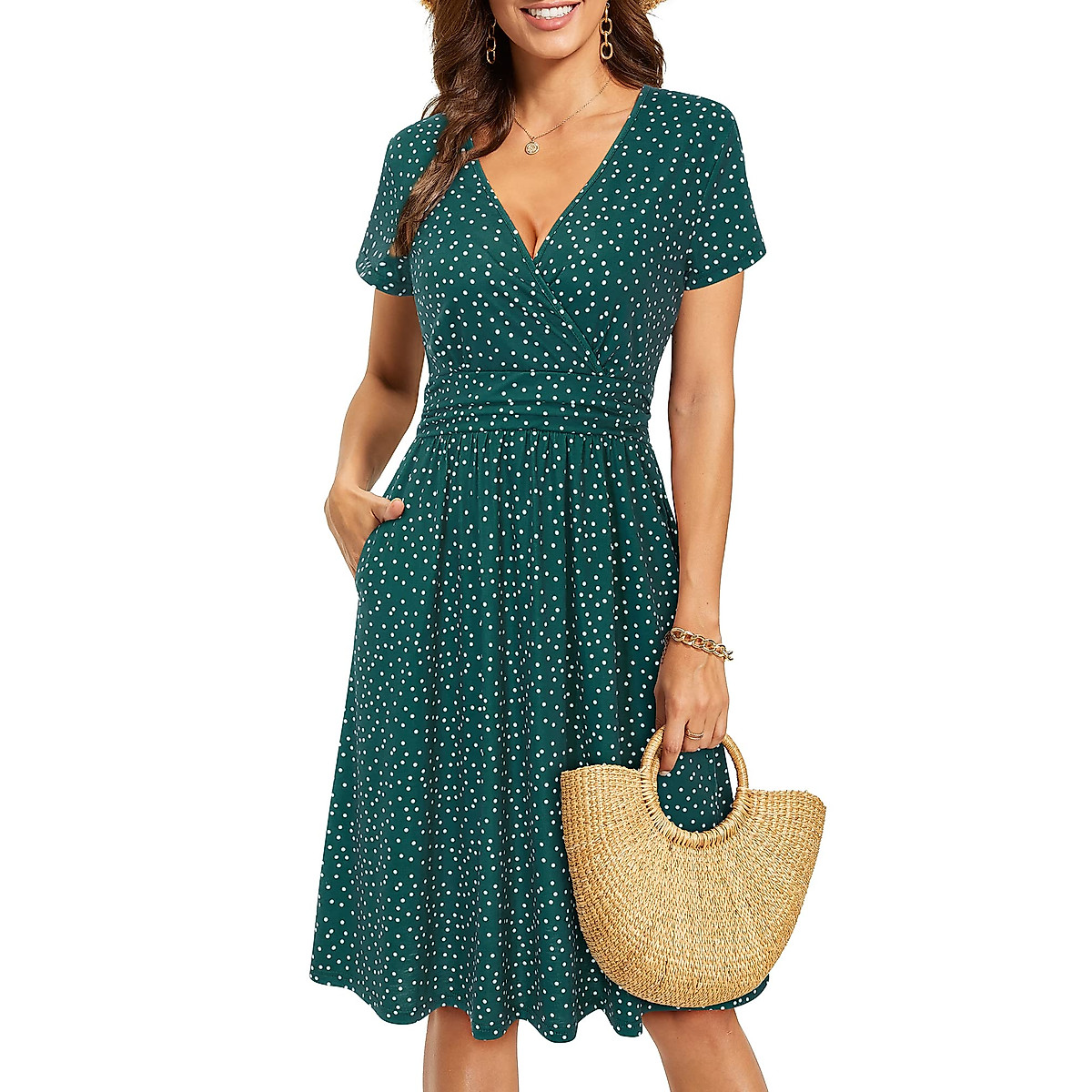 OUGES Women's 2025 Summer Short Sleeve V-Neck Floral Short Party Dress with Pockets(Green Polka Dot,S)
