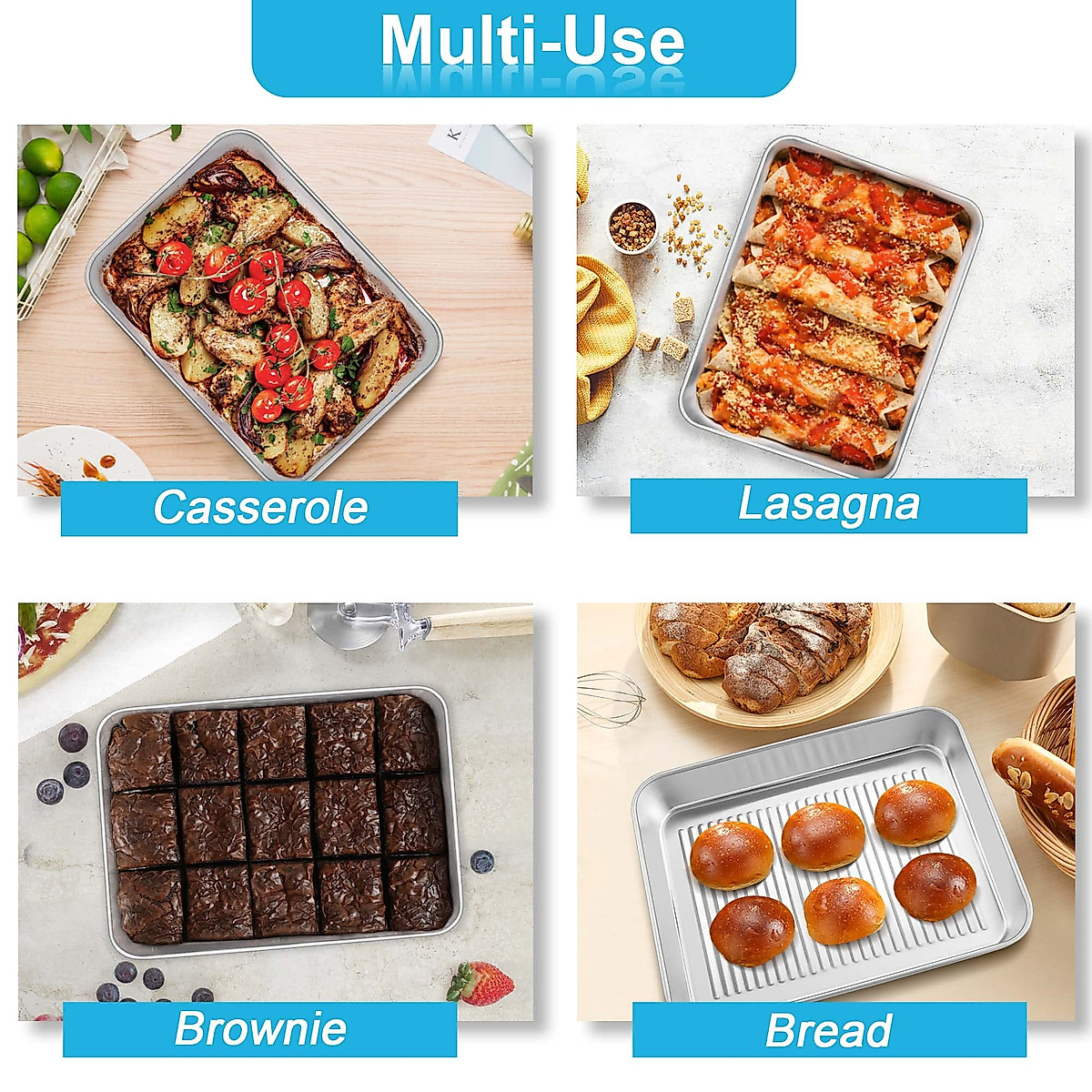 TeamFar Rectangular Cake Pan with Lid, 10.5 Inch Stainless Steel Small Baking Roasting Lasagna Cake Pan, Corrugated Bottom & Deep Side, Healthy & Heavy Duty, Dishwasher Safe - (1 Pan + 1 Lid)