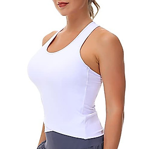 Women’s Racerback Workout Tank Tops with Built in Bra Sleeveless Running Yoga Shirts Slim Fit (Large, White)