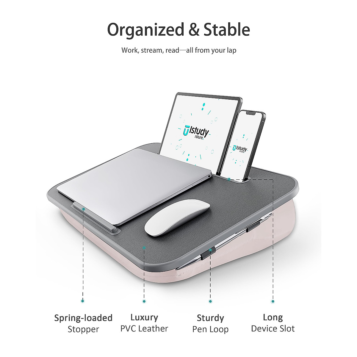 Lap Desk, Portable Laptop Lap Desk with Pillow Cushion, Fits up to 17 inch Laptop, Laptop Stand with Device Ledge and Phone Holder, for Home Office, Gray, ISTUDYNITURE……