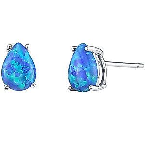 Peora 14K White Gold Created Blue Fire Opal Earrings for Women, Classic Solitaire Studs, 7x5mm Pear Shape, 1 Carat total, Friction Back