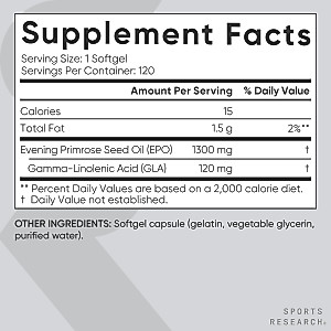 Sports Research Evening Primrose Supplement from Cold Pressed Oil - Softgels for Women’s Health & Skin Health - Gluten Free & Non-GMO GLA - High Potency 1300mg, 120 Count