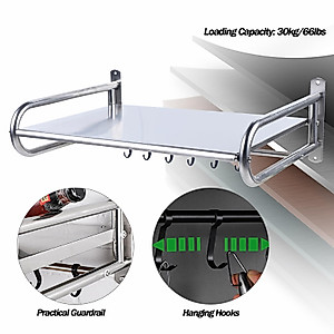 21 Inch Microwave Shelf Wall Mount with 6 Hooks, Stainless Steel Wall Shelf Metal Shelving Heavy Duty Commercial or Household Grade Wall Mount Microwave Oven Shelf Oven Bracket with Fixing Kit