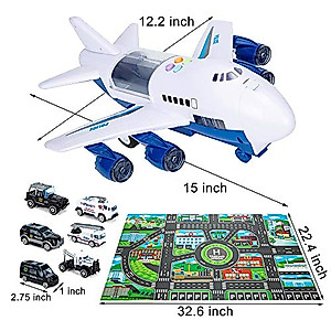 Car Toys Set with Transport Cargo Airplane and Large Play Mat, Mini Educational Vehicle Police Car Set for Kids Toddlers Boys Child Gift for 3 4 5 6 Years Old, 6 Cars, Large Plane, 11 Road Signs