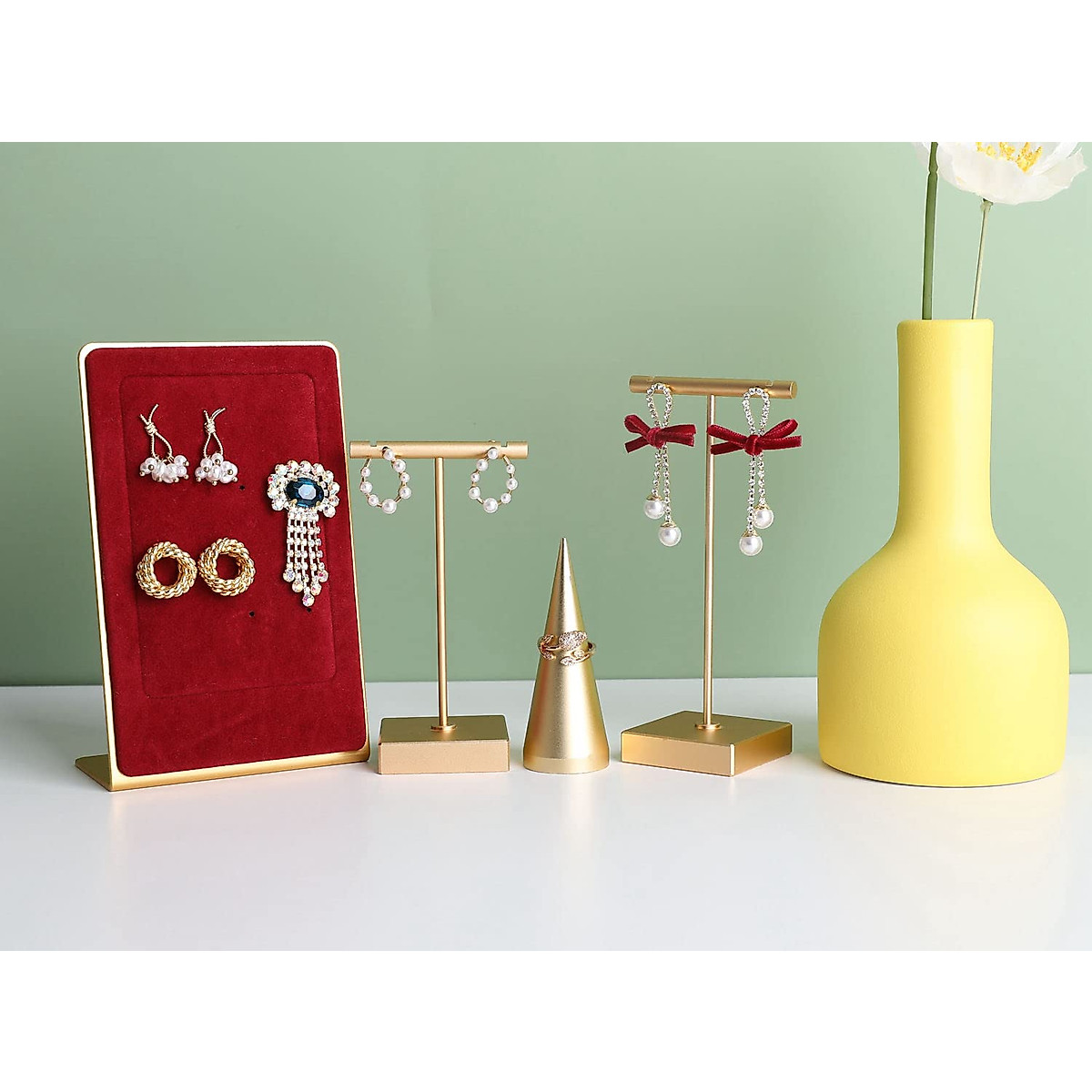 GemeShou 2pcs Metal T Bar Earring Stand Gold Single Earring Display T Stand for shows Jewelry Photography Props【Gold-Square Base 2pcs Height 4.3" and 5.1"】