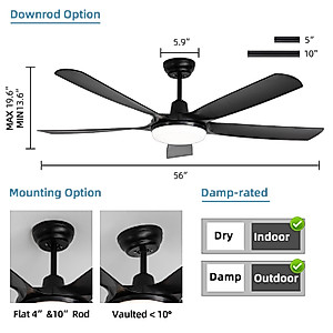 Viossn Ceiling Fan with Lights, 56 Inch Outdoor Ceiling Fan with light 5 Reversible Blades,Dimmable, Black Ceiling Fan with Remote Control for Bedroom Living Room Patio