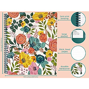 Steel Mill & Co Cute Large Spiral Notebook College Ruled, 11" x 9.5" with Durable Hardcover and 160 Lined Pages, Garden Blooms (Cream)
