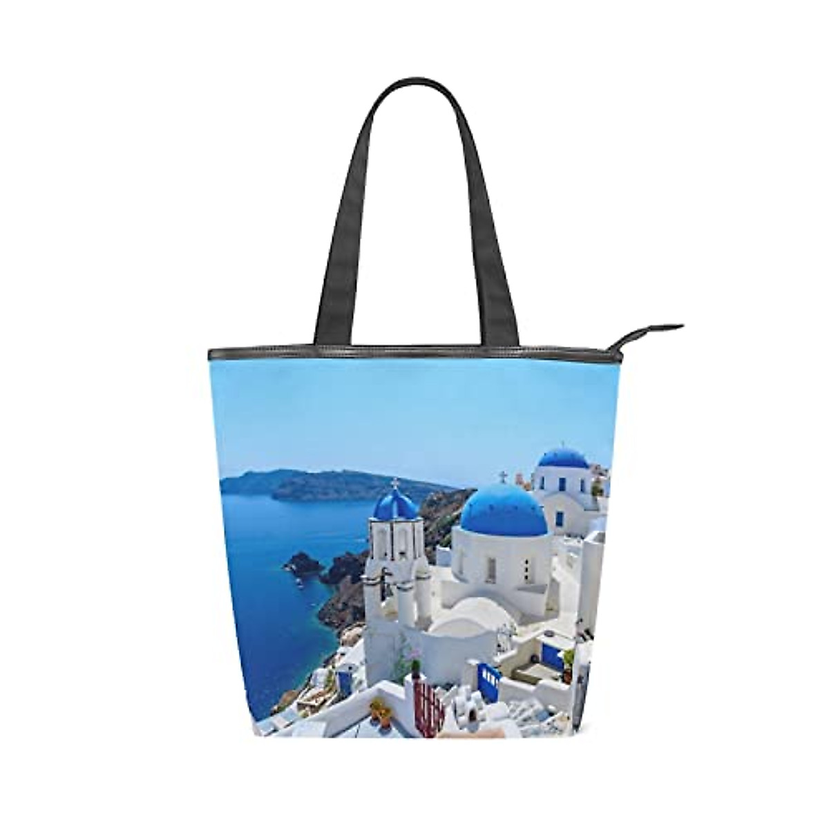 Landscape Oia Santorini Greece Tote Handbag for Women Tote Bag, Canvas + leather Shoulder Bag, Hobo bag, Satchel Purse(6cr8b)