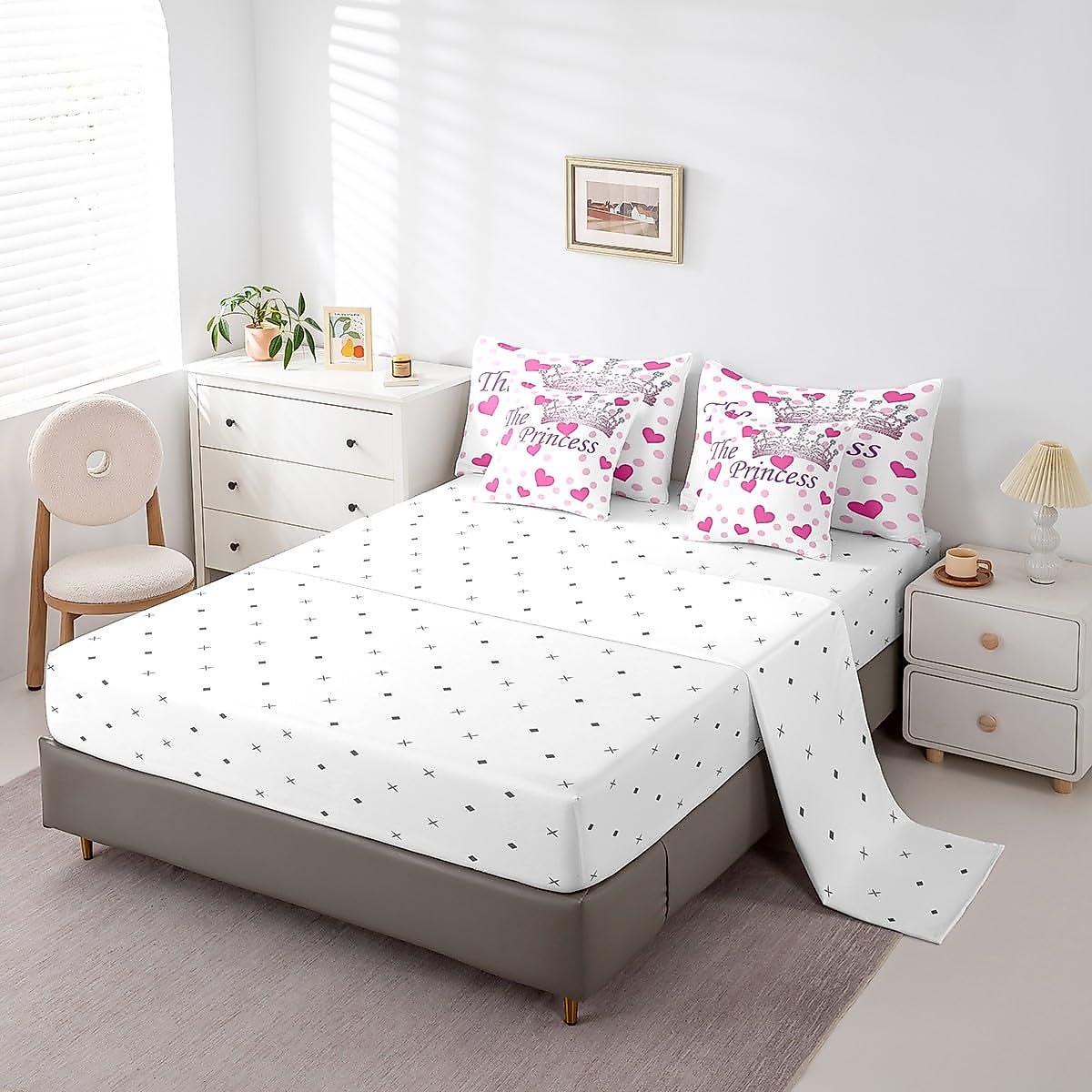 7 Pieces The Crown Comforter Set Twin, Fashion Princess Crown Bedding for Kids Girls, Rose Pink Hearts Dots Print Bed Set(1 Comforter,1 Fitted Sheet,1 Flat Sheet,2 Pillowcases,2 Throw Pillow Cover)