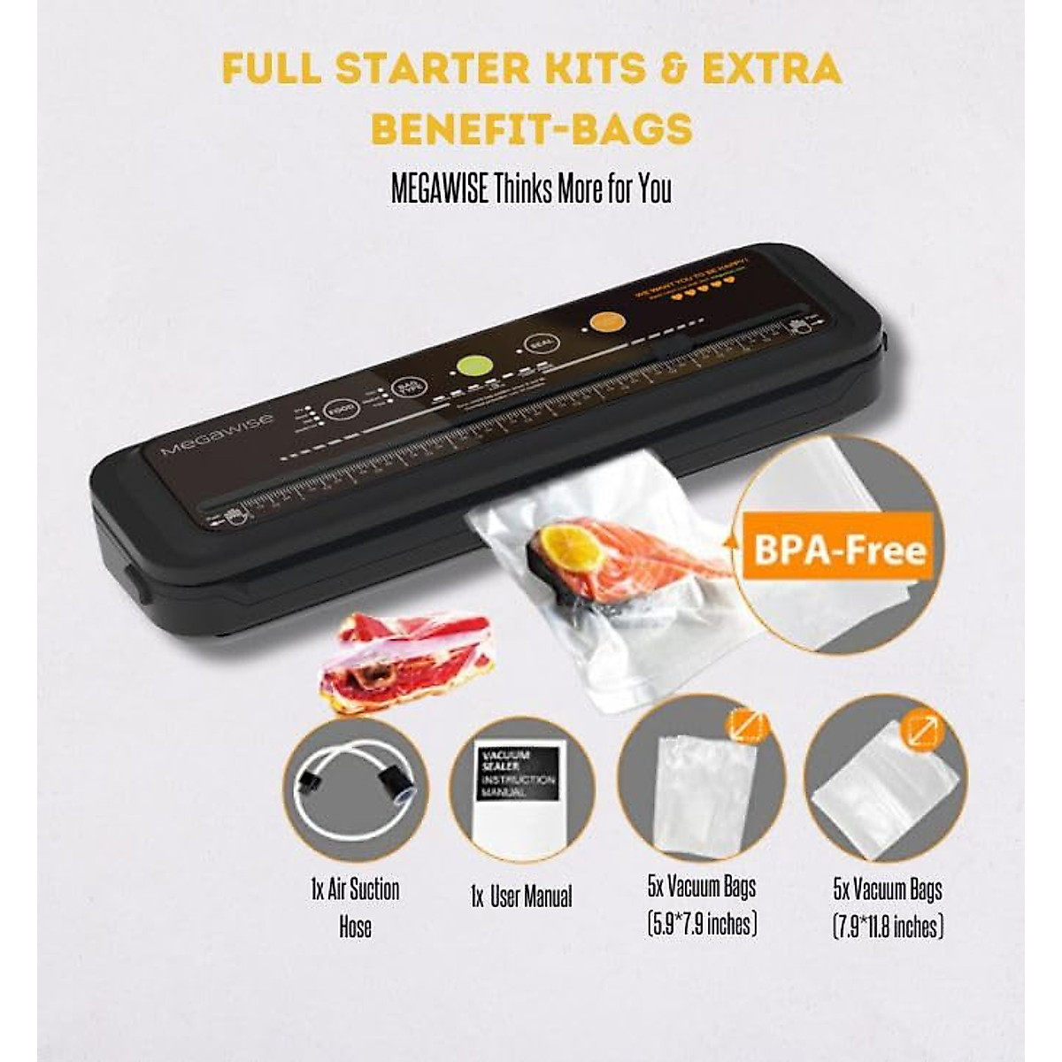 2023 Model B Megawise Powerful & Compact Vacuum Sealer Machine One-Touch Automatic Food Sealer 4 Food Types (Cold Wet Moist Dry) & 3 Bag types (Thick Medium Thin）OMNI MACHINE (Black)