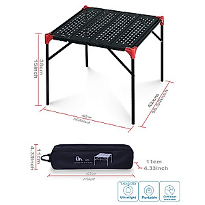 iClimb Extendable Folding Table Large Tabletop Area Ultralight Compact with Hollow Out Tabletop for Camping Backpacking Beach Concert BBQ Party, Three Size (Black - S + Hanger)