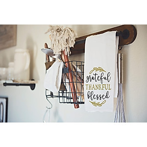 Grateful Thankful Blessed Kitchen Towel - 100% Cotton Dish Drying Flour Sack Towel - Holidays Thanksgiving Valentine Engagement Bridal Shower Newlywed Hostess Gift (Grateful Thankful Blessed)