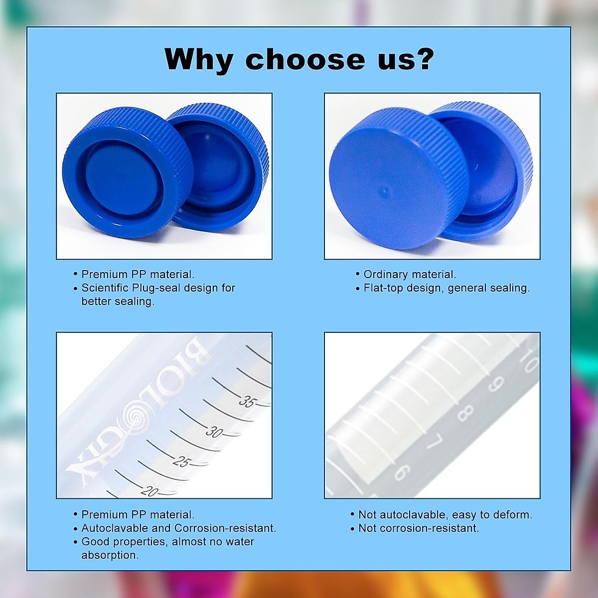 Biologix 50ml Conical Centrifuge Tubes, 25Pcs Sterile Polypropylene Test Tubes with Plug-Seal Screw Caps, Plastic Container with Graduated & Write Area, Rack Package, Non-Pyrogenic, DNase/RNase Free