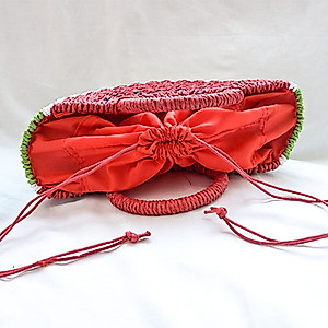 QTKJ Semi-circle Rattan Watermelon Straw Handbags, Hand-woven Summer Fruit Shape Beach Straw Bag with Round Handle for Women (Red Watermelon)