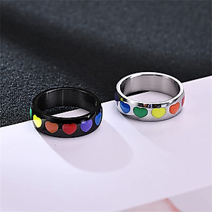 Dainty Love Heart Rainbow Enameled LGBT Pride Band Rings Chuky Thick Stainless Steel Statement Promise Engagement Eternity Couple Rings Love is Love Finger Knuckle Rings Boyfriend Girlfriend Wedding