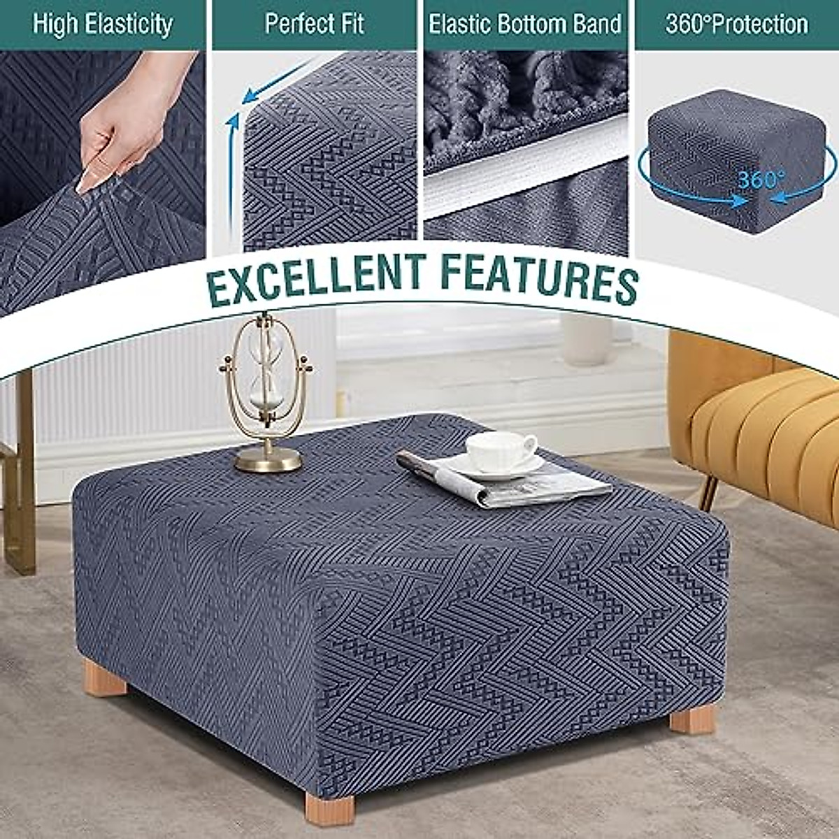 Ruaozz Ottoman Covers Slipcover Rectangle Footrest Stool Cover Ottoman Slipcovers Storage Stool Ottoman Cover Soft Stretch Jacquard Washable with Elastic Straps Bottom（Large, Grey