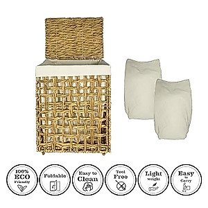 Natural Rectangular Foldable Storage Basket, Laundry hamper with 2 cotton Fitted Bags, 4 Legs, 2 Side Handles, Attached Lid, Made in Vietnam, 23 inch x 13.5 inch x 18 inch
