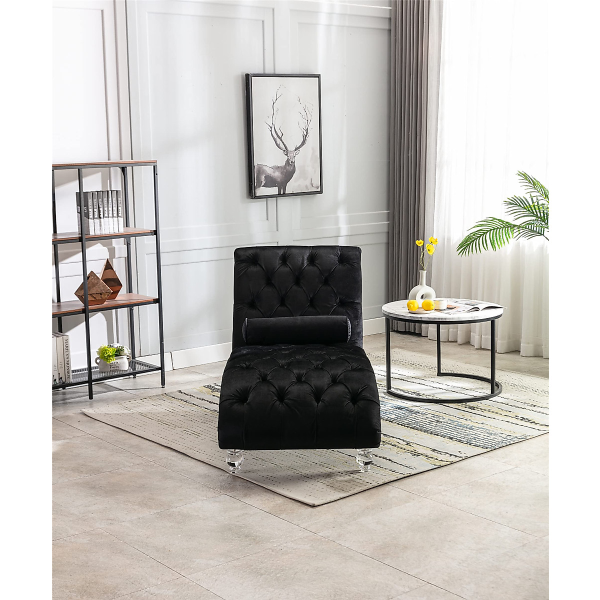 Leisure Velvet Concubine Sofa Accent Sofa Chaise Reclining Lounger Barrel Sofa with Acrylic Feet (Black)