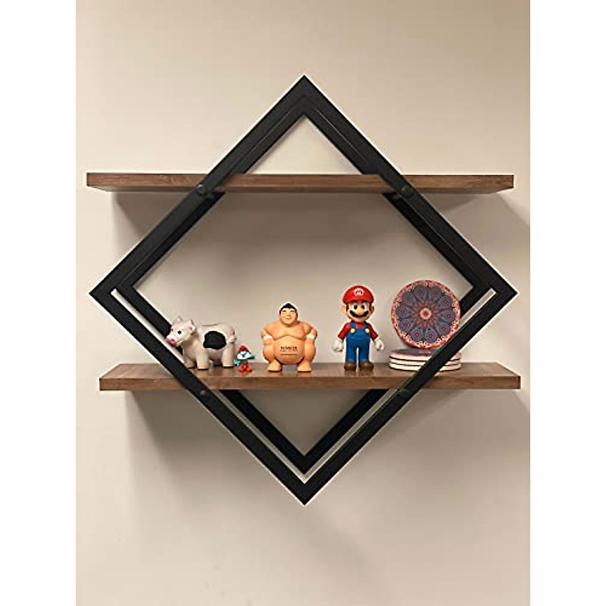 Diamond Shape Metal Frame Wall Mount Rustic Shelf. Mid Century Modern 2 Tier Wall Shelf