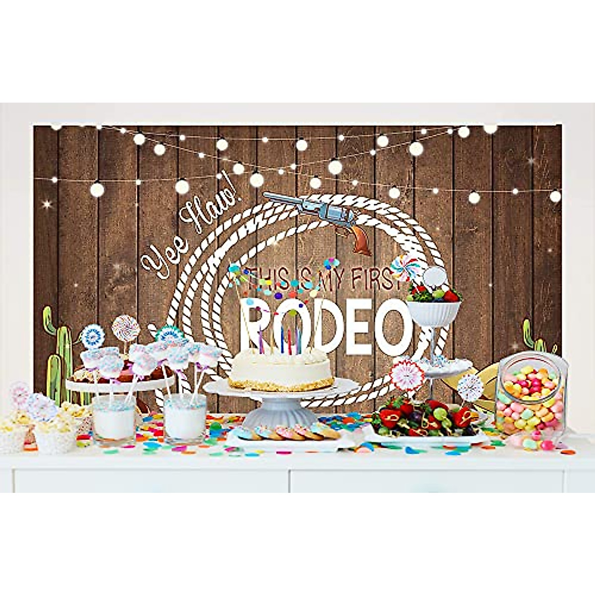 Ticuenicoa This is My First Rodeo 1st Birthday Backdrop Western Cowboy Mexican Cactus Birthday Background for Parties Rustic Wood Baby Shower Backdrops Cake Table Banner Photo Booth Props 5x3ft