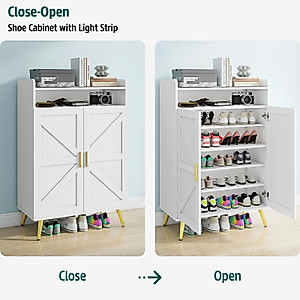 Shoe Storage Cabinet with Doors, 7-Tier Shoe Cabinet for Entryway with Sensor LED Light, Freestanding Shoes Storage Organizer with Adjustable Shelves and Open Storage for Hallway, Living Room, White