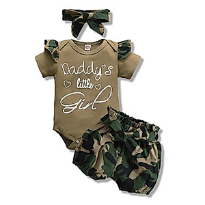 AMAWMW Daddys Little Girl Baby Clothes Ruffle Short Sleeve Romper Camo Bloomers Headband Newborn Infant Baby Girl Summer Outfit (Green, 0-6 Months)