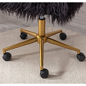 SSLine Faux Fur Vanity Chair Elegant Pink/White/Grey Furry Makeup Desk Chairs for Girls Women Modern Comfy Fluffy Arm Chair with Wheels in Bedroom Living Room (Black&Gold)