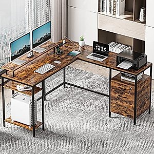 SUPERJARE Reversible Computer Desk with Power Outlets & File Cabinet, L Shaped Desk with Monitor Stand & Storage Shelves, Corner Desk Home Office Desk, Rustic Brown