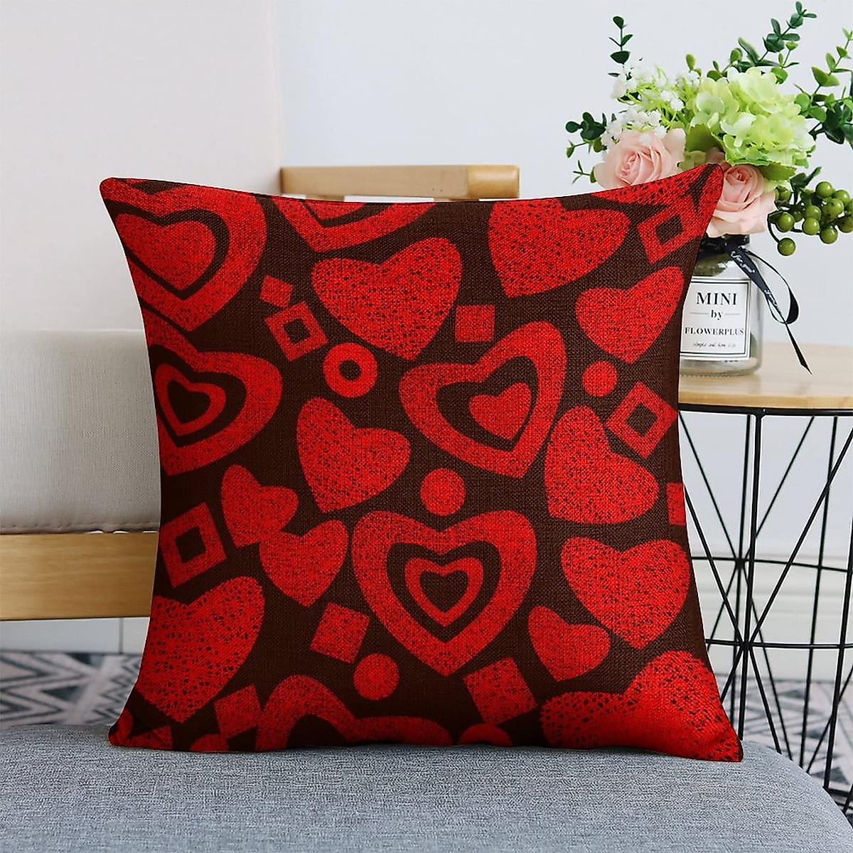 Valentine Day Red Throw Pillow Covers 18×18 Pillowcases Set of 2 Hearts Love Black Linen Decorative Square Pillow Case Cushion Covers Standard Size for Sofa Couch Outdoor Bed Pillow Protectors