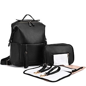 Diaper Bag Backpack for Mom Pu Leather Waterproof Multifunctional Large Capacity Travel Baby Bag with Changing Pad for Boy Girl Stroller Straps 2pcs Black