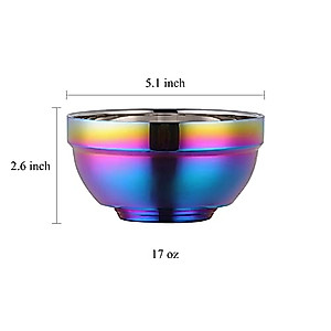 TUPMFG Rainbow Stainless Steel Bowls Rice Bowl 18 Oz Cereal Bowl Deep Soup of 6 with Double Walled Insulated Dishwasher Safe Unbreakable Bowl Home Kitchen & Child (Rainbow)