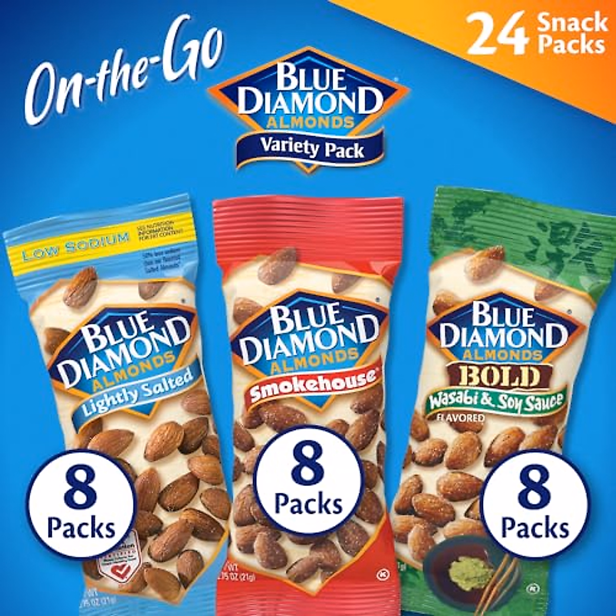 Blue Diamond Almonds Snack Nut Variety Pack for Kids, Office, School, On-the-go, 0.75 oz Gluten Free Individual Packs, Wasabi & Soy Sauce, Lightly Salted, and Smokehouse (Pack of 1,24 Count Total)