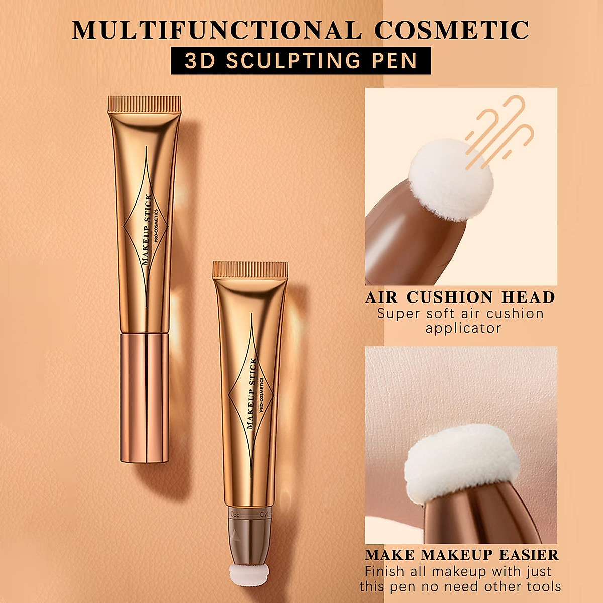 NewBang 3pcs Contour Beauty Wand Blush Highlighter Contouring Stick Set With Cushion Applicator Liquid Cream Face Rouge Bronzer Luminizers Pen Trio Smooth Blendable Moisturizing Waterproof Makeup