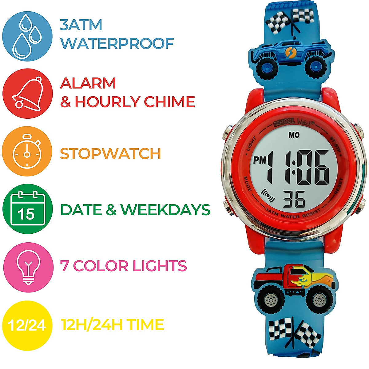 Monster Truck 3D Digital Light Up Watch for Boys, Kids, Children, Kids - Waterproof - School Watch
