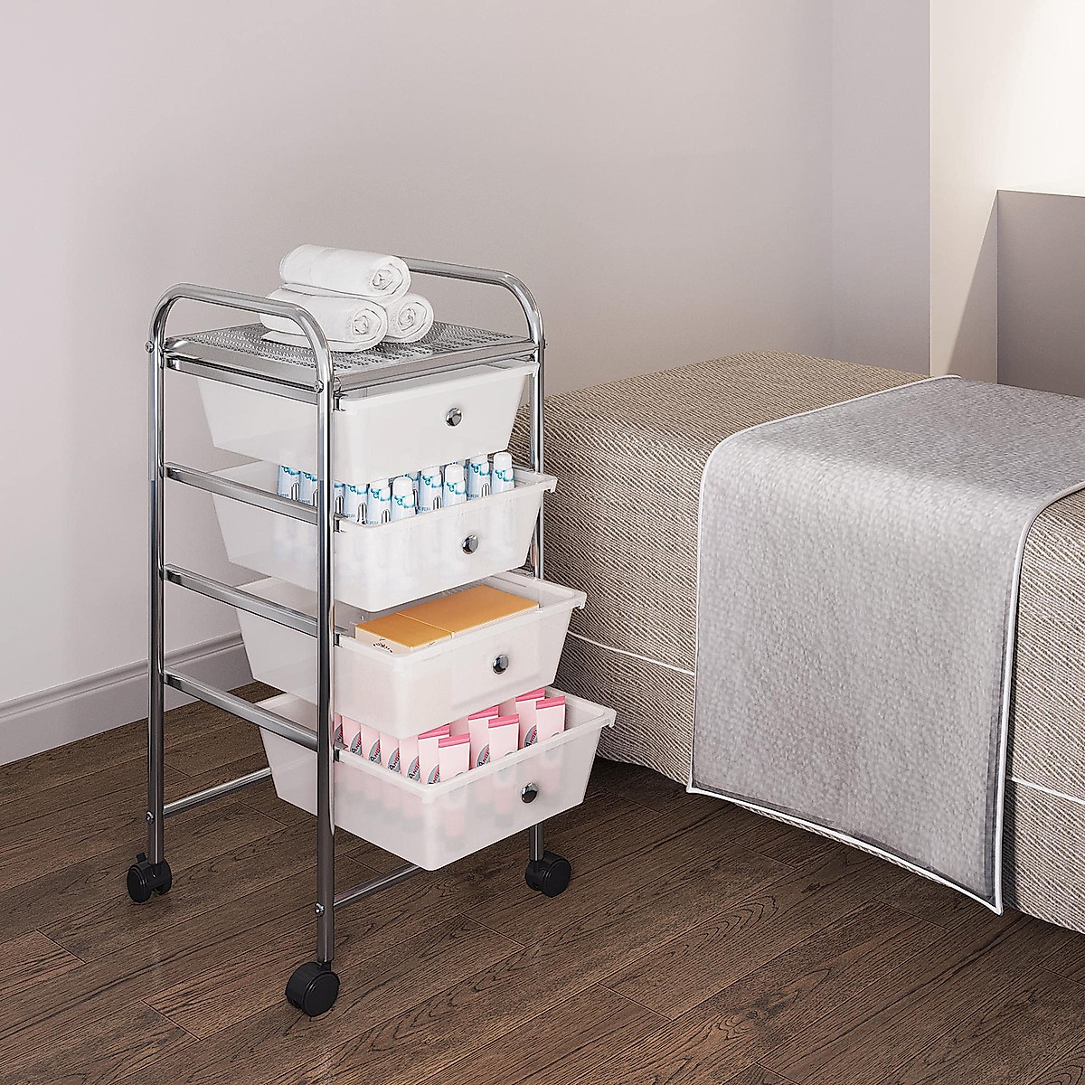 Yaheetech 4 Drawers Cart Rolling Plastic Storage Cart and Organizer Metal Frame Plastic Drawers Plastic Trolley Organizer on Wheels, White