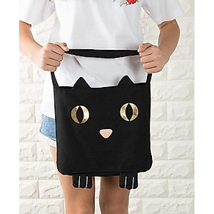 Juvale Black Cotton Cat Trick or Treat Bag with Gold Foil Eyes, Halloween Cat Bag for Candies and Goodies, Reusable Black Cat Bag for Kids, 11.25 x 15.5 in, Canvas Tote Bag for Halloween Parties