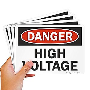 SmartSign (Pack of 4) 5 x7 inch “Danger - High Voltage” OSHA Sticker Labels, 5 mil Laminated Polyester with SuperStick Adhesive, Red, Black and White