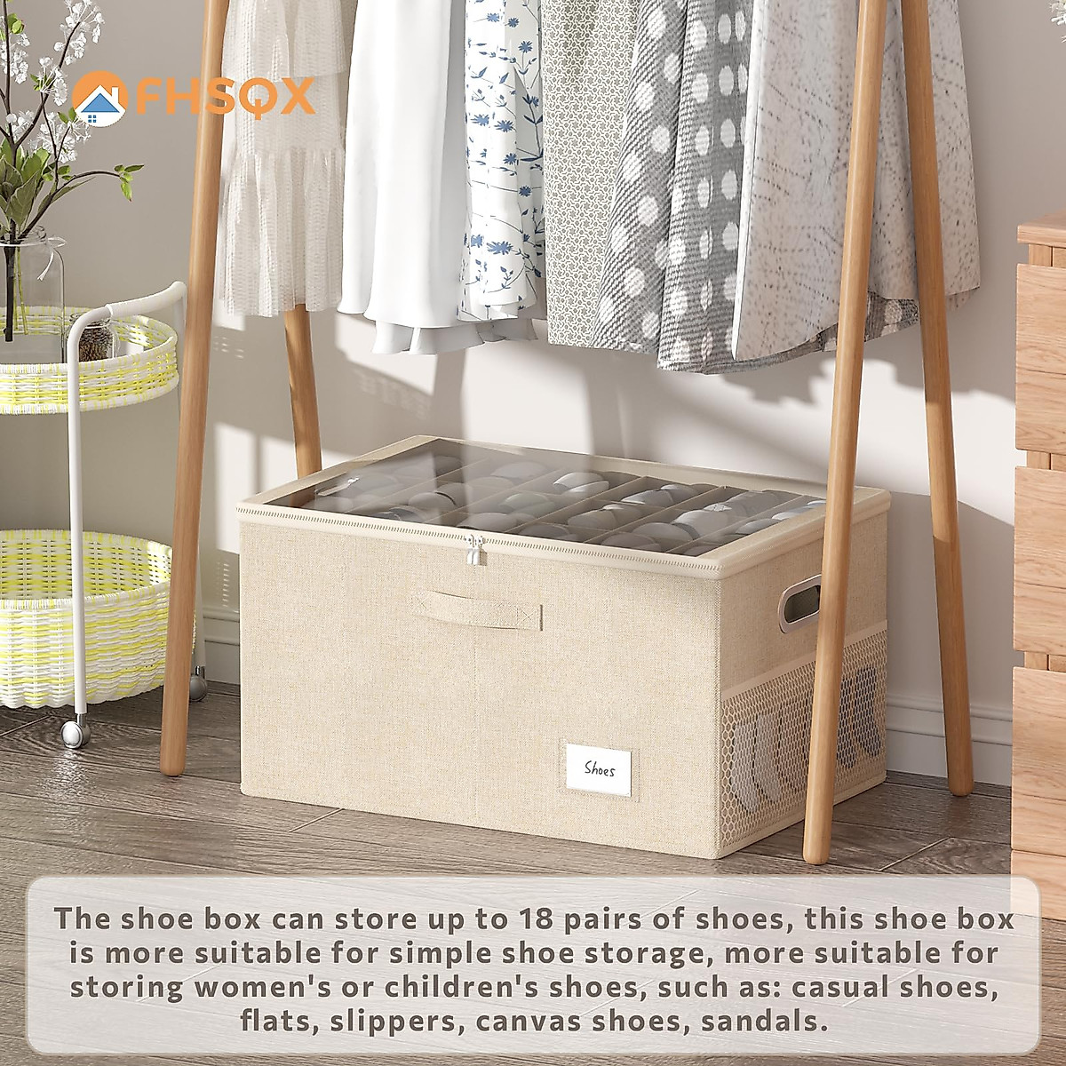 Shoe Organizer for Closet,Shoe Box Storage Containers Fit 18 Pairs,Foldable Shoe Storage Bins with Clear Cover & Adjustable Dividers for Shoes,Blankets,Linen,Clothing