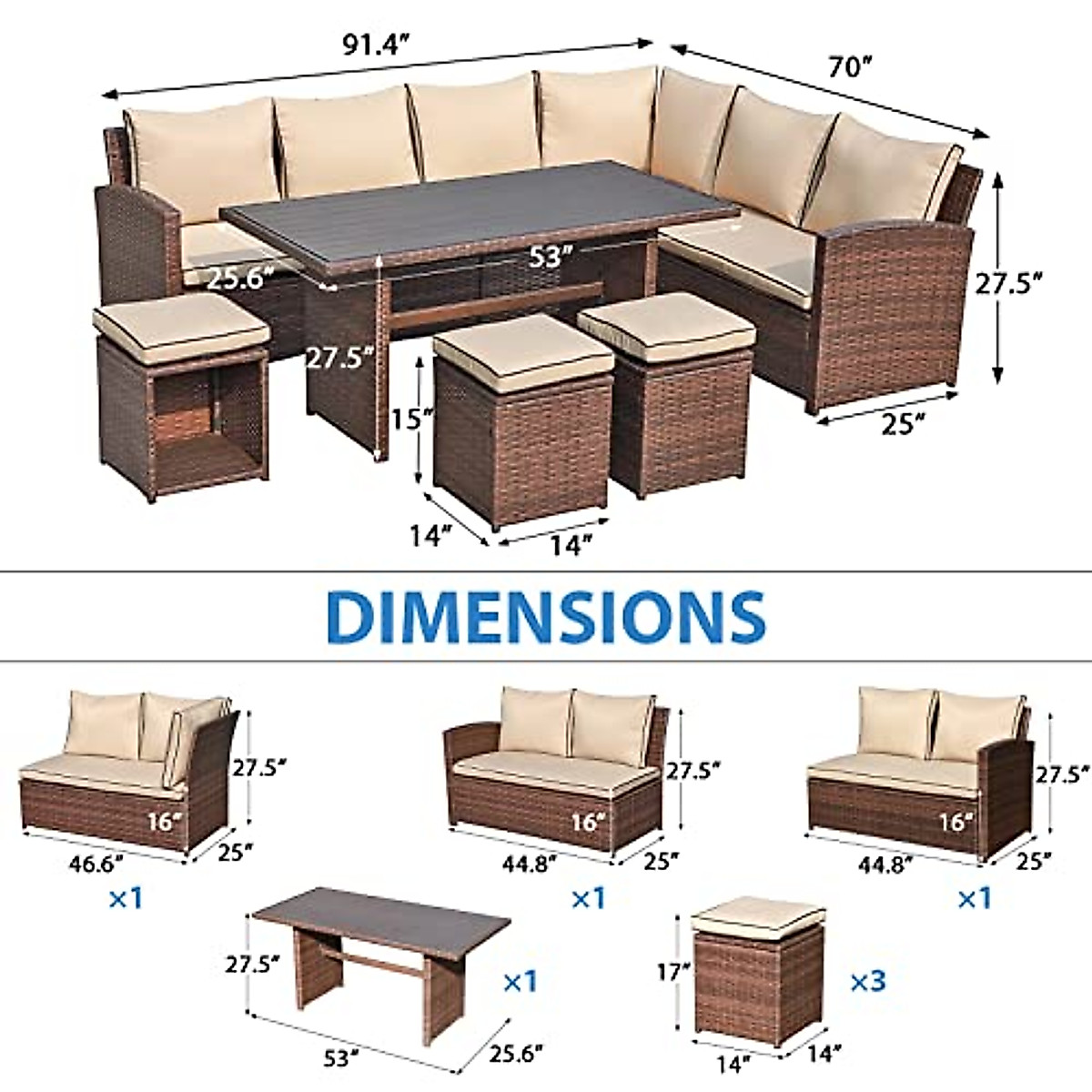 Verano Garden 7 Pieces Patio Furniture Set, Outdoor Patio Dining Sofa Set W/Cushion, Table & Ottoman, Clearance All Weather Outdoor Patio Furniture Set for Deck, Porch, Poolside, Backyard
