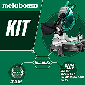 Metabo HPT | Compound Miter Saw | 10-Inch | Single Bevel | 15-Amp Motor | 0-52° Miter Angle Range | 0-45° Bevel Range | Large Table | 10" 24T TCT Miter Saw Blade | C10FCGS