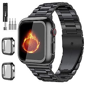 Bekomo Compatible with Apple Watch Band 44mm 45mm 42mm 40mm 38mm 41mm, Stainless Steel Metal XL large iWatch Bands with 2 Pack Tempered Glass Screen Case for Series 8/7/6/5/4/3/2/1/SE for Men Black