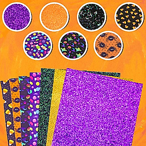 7 Sheets Halloween Faux Leather Sheets for Crafts, 7.9×13.0 Inch Glitter Synthetic Leather Sheet Halloween Spider Faux Leather Fabric Sheets for Earrings Hair Bows DIY Keychain Holiday Decor