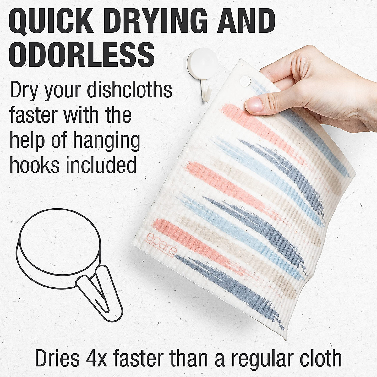 Eparé Swedish Reusable Paper Towels with Hook - 4 Pack Swedish Dishcloths for Kitchen - Swedish Washcloths & Dish Cloths for Washing Dishes Odor Free