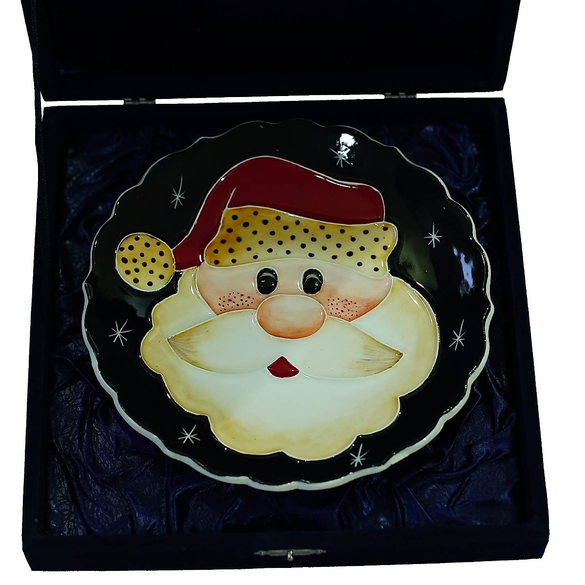 Anka Handcrafts - Christmas Home Decors – Tonton Santa Claus - Handmade & Handpainted Ceramic Plates with Unique Embossed Surface – w Navy Int. Velvet Case – Christmas for Homes 775
